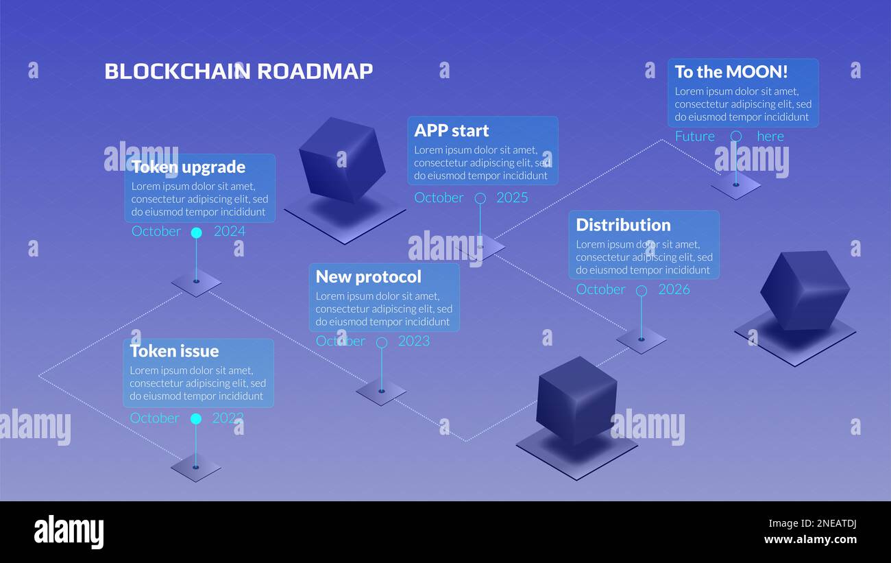 Isometric roadmap for blockchain or cryptocurrency project with cubes and copy space ...