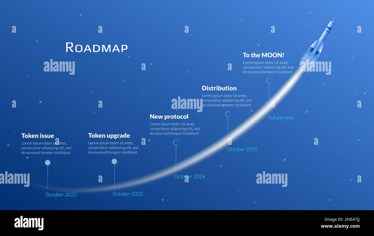 Roadmap with flying spacecraft with long trail in starry sky on blue ...