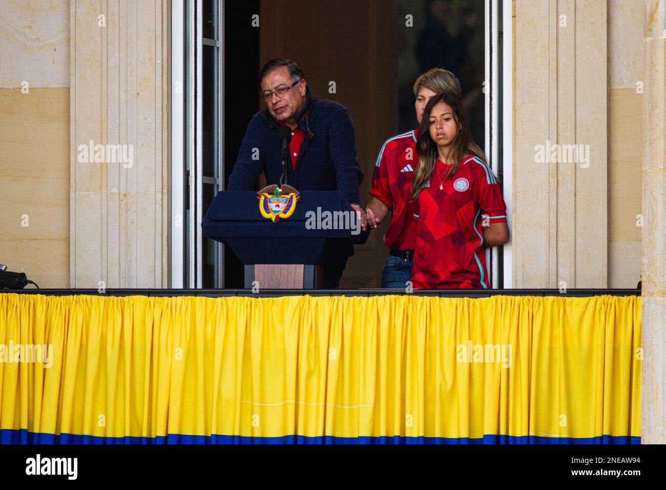 Colombian president Gustavo Petro speaks along with his wife Veronica ...