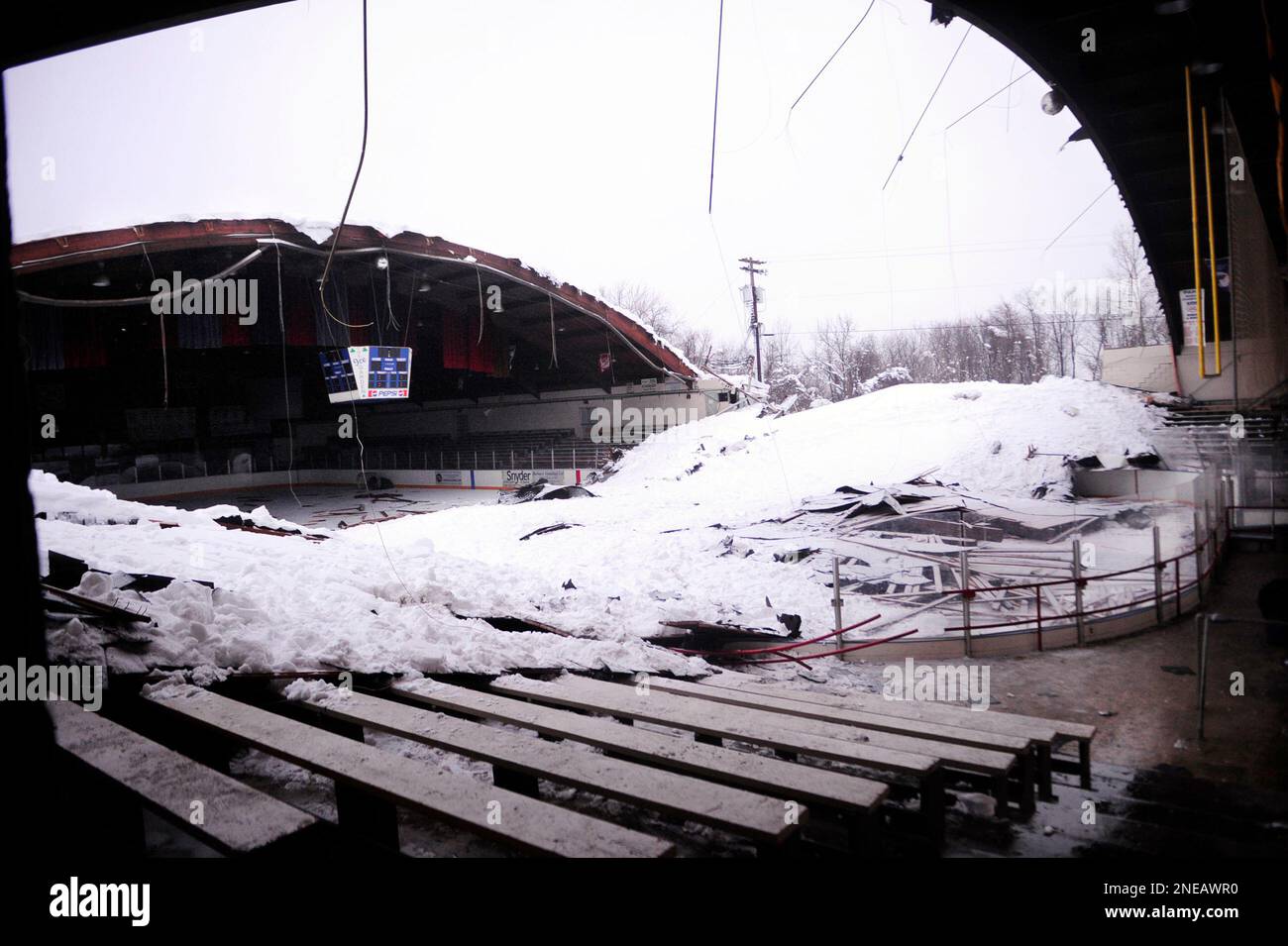 The partially collapsed roof of the Rostraver Ice Garden is shown ...