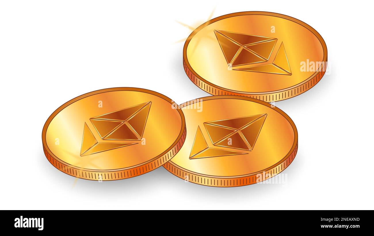 Three gold coins Ethereum ETH with shadow in isometric view isolated on white background. Vector ...