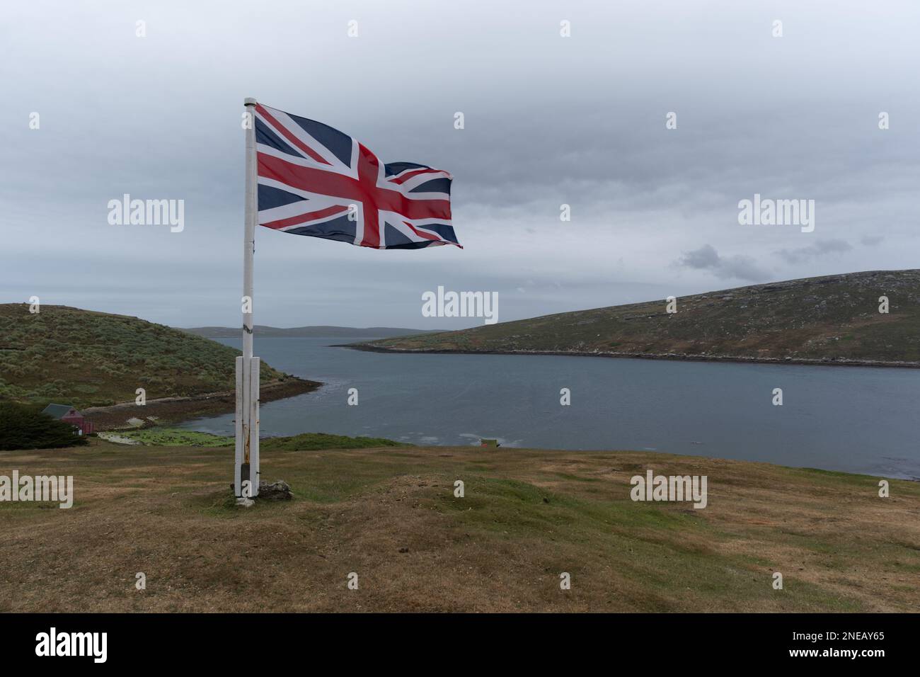 Union flag flying over West Point island in the Falklands Stock Photo ...
