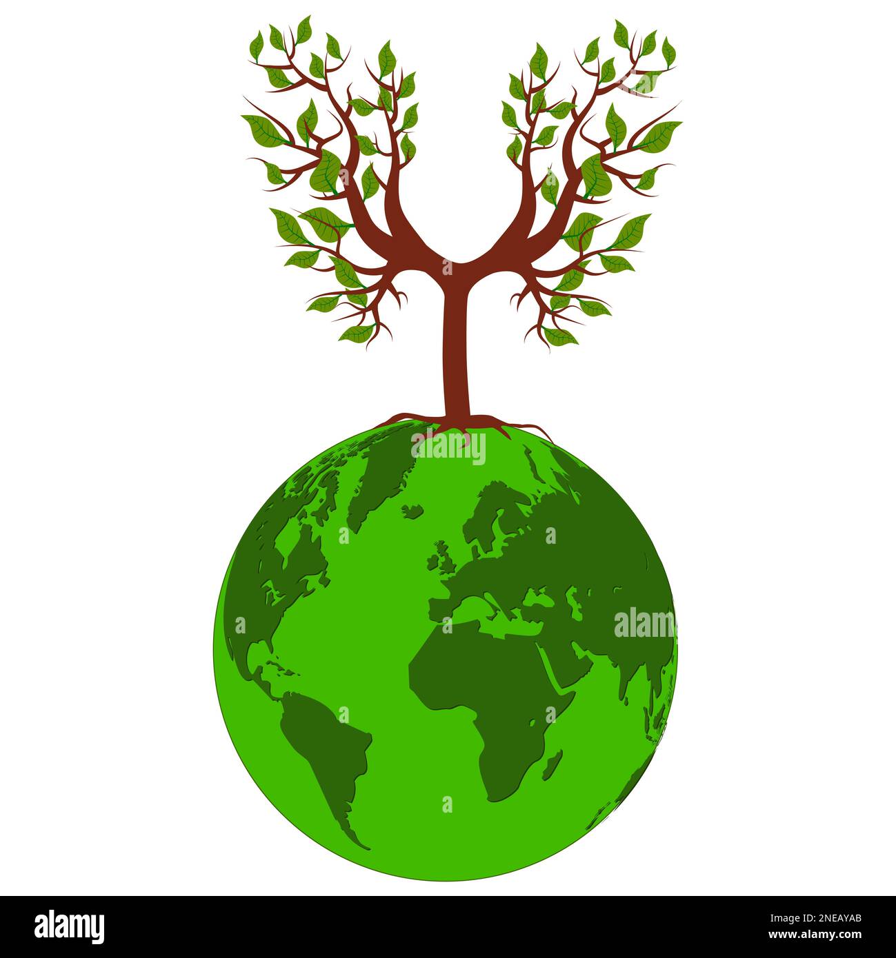 Young tree with green leaves on green planet earth isolated on white ...