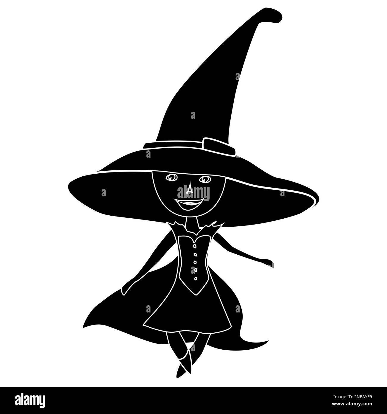 Black silhouette of sorceress in dress and cloak with big witches hat ...
