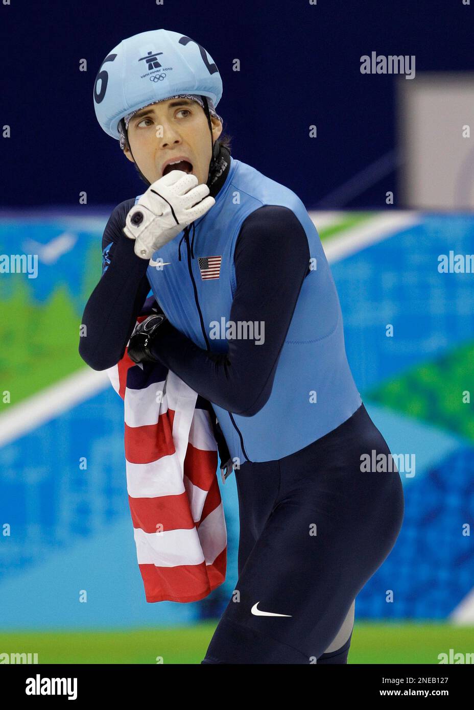 USA's Apolo Anton Ohno reacts after winning silver in the men's 1500m finals short track skating ...