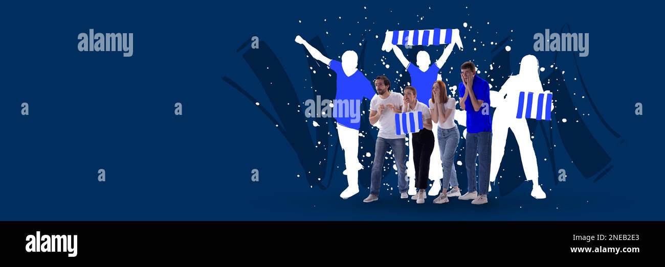 Creative art collage. Modern design. Group of young people emotionally ...