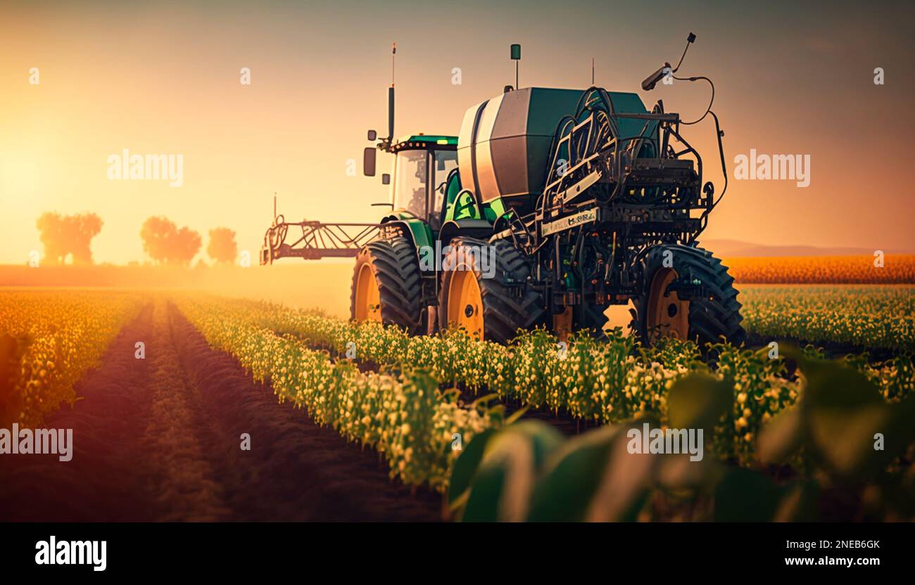 Tractor spraying pesticides on soybean field with sprayer at spring ...