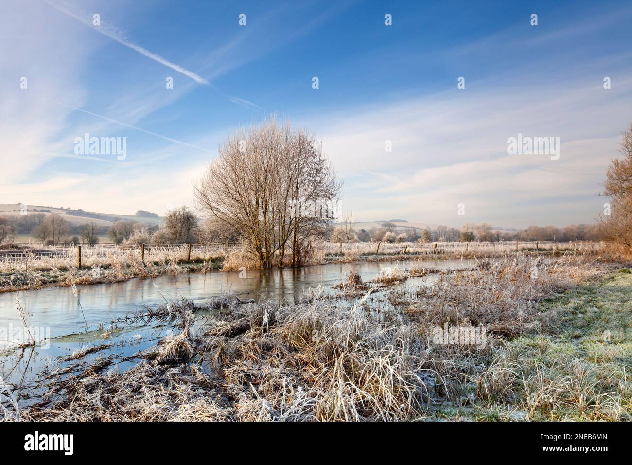 The River Wylye at Little Langford in Wiltshire on a frosty January ...