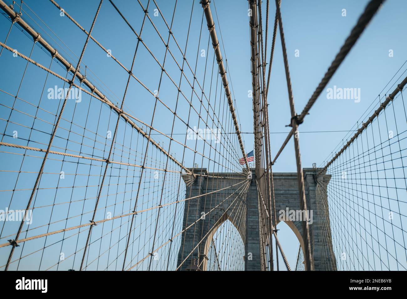 View of Brooklyn Bridge, a famous hybrid cable-stayed-suspension bridge ...