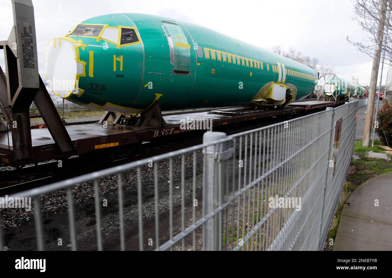 Boeing Co. 737 fuselages travel on rail cars on their way to Boeing's ...
