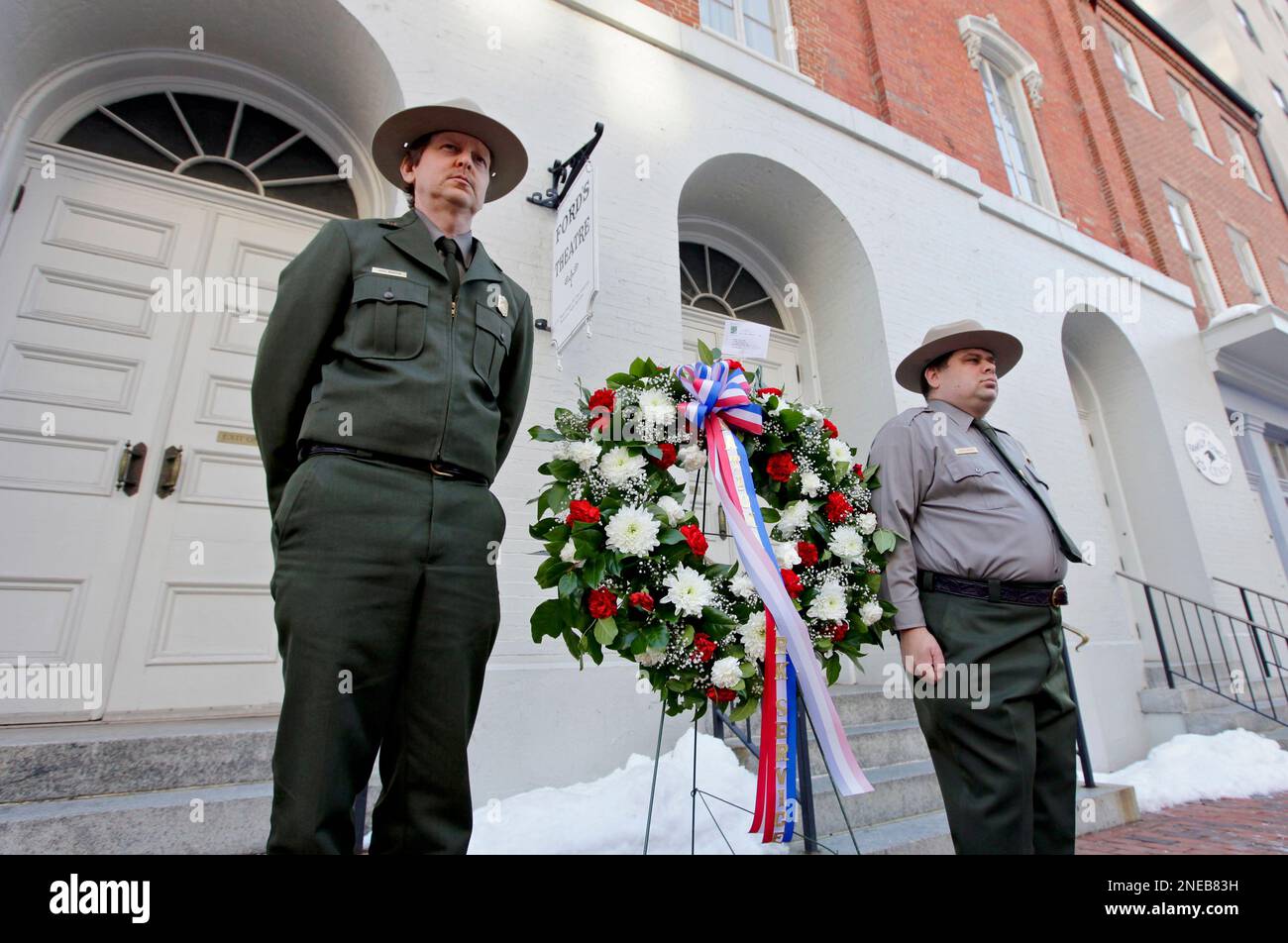 A commemorative wreath is placed outside Ford's Theatre in Washington ...