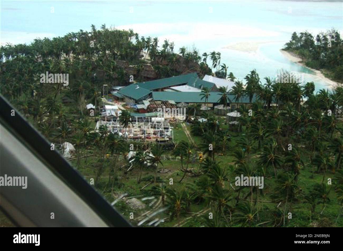 A aerial view of damage is seen on the atoll of Aitutaki in the Cook ...