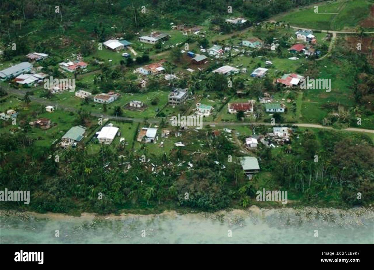 An aerial view of damage is seen on the atoll of Aitutaki in the Cook ...