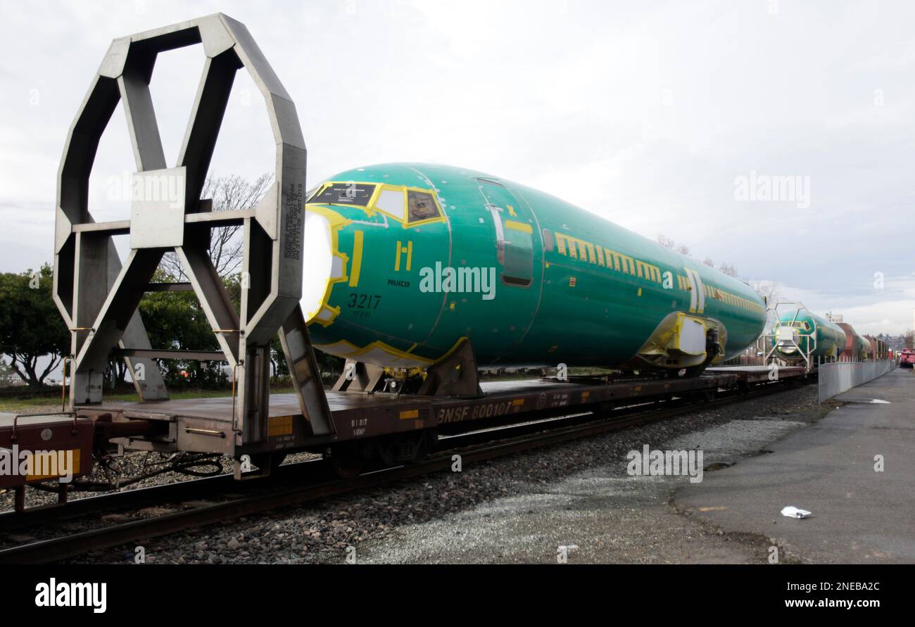 Boeing Co. 737 fuselages travel on rail cars on their way to Boeing's ...