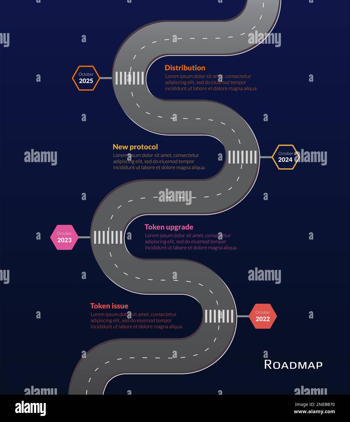 Roadmap with winding road and stop signs on stages on dark blue ...