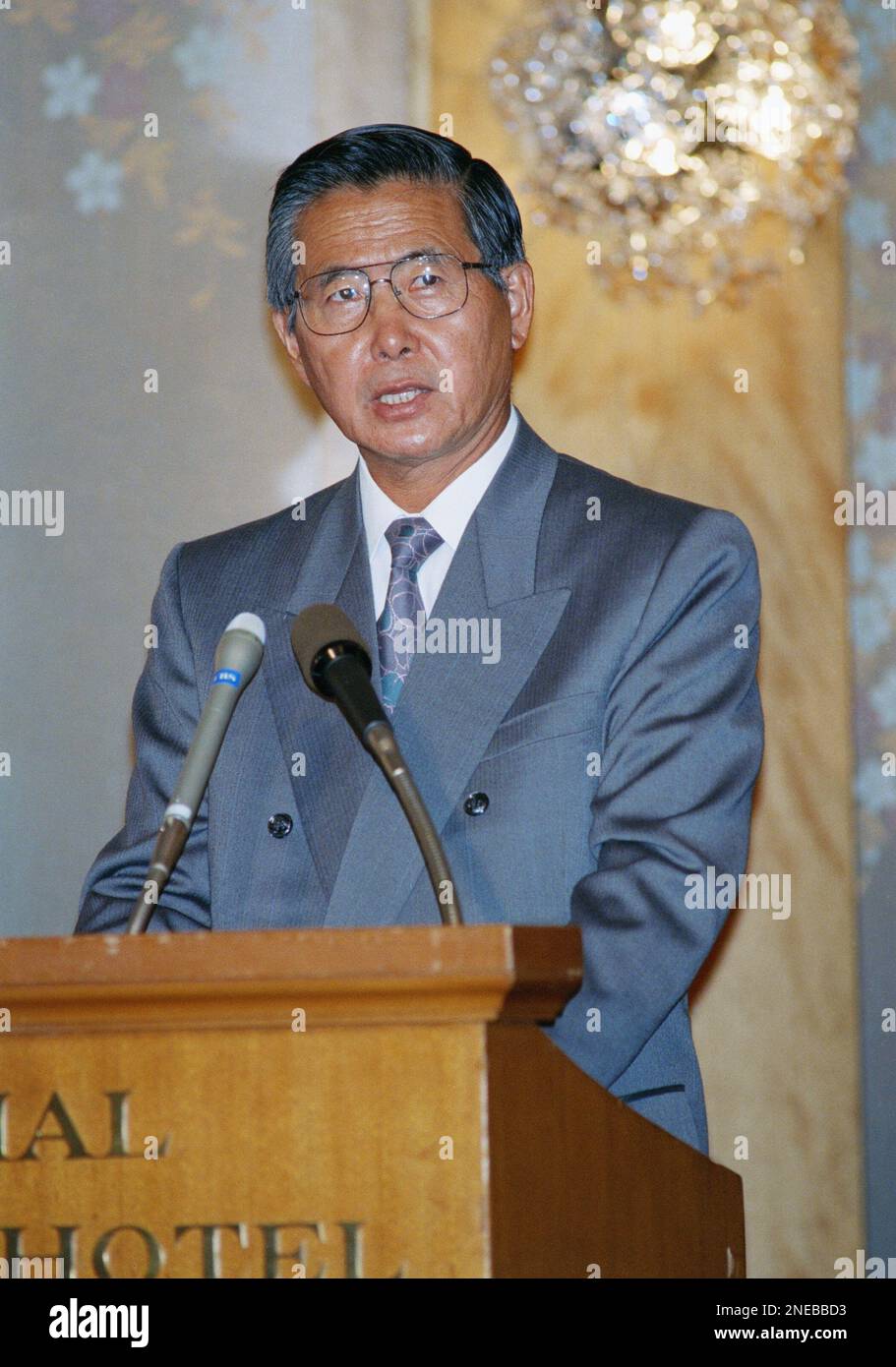 President Alberto Fujimori of Peru speaks at an unveiling ceremony at a ...