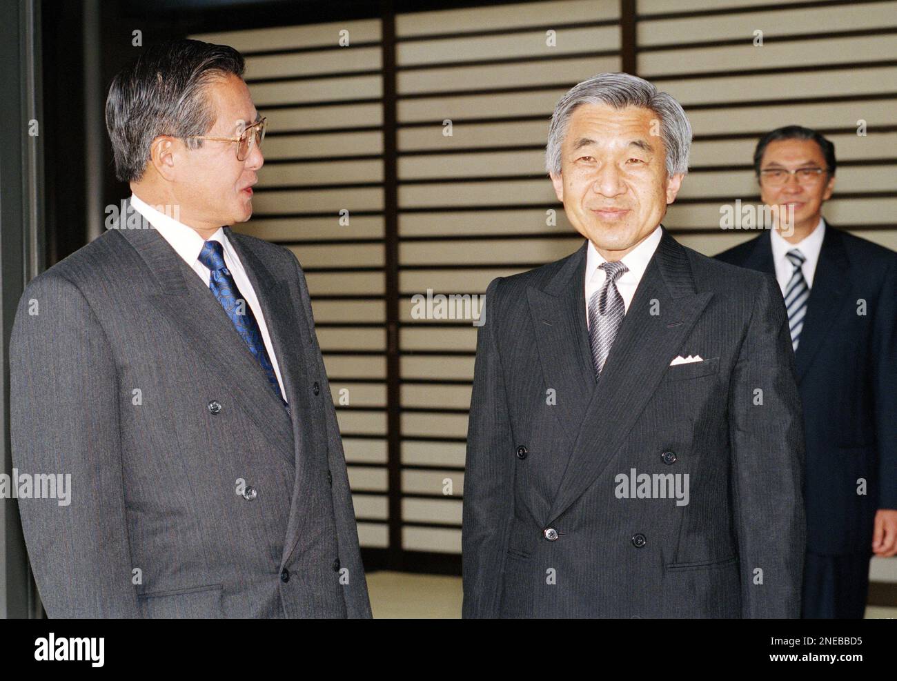 Peruvian President Alberto Fujimori, left, bids farewell to Emperor ...