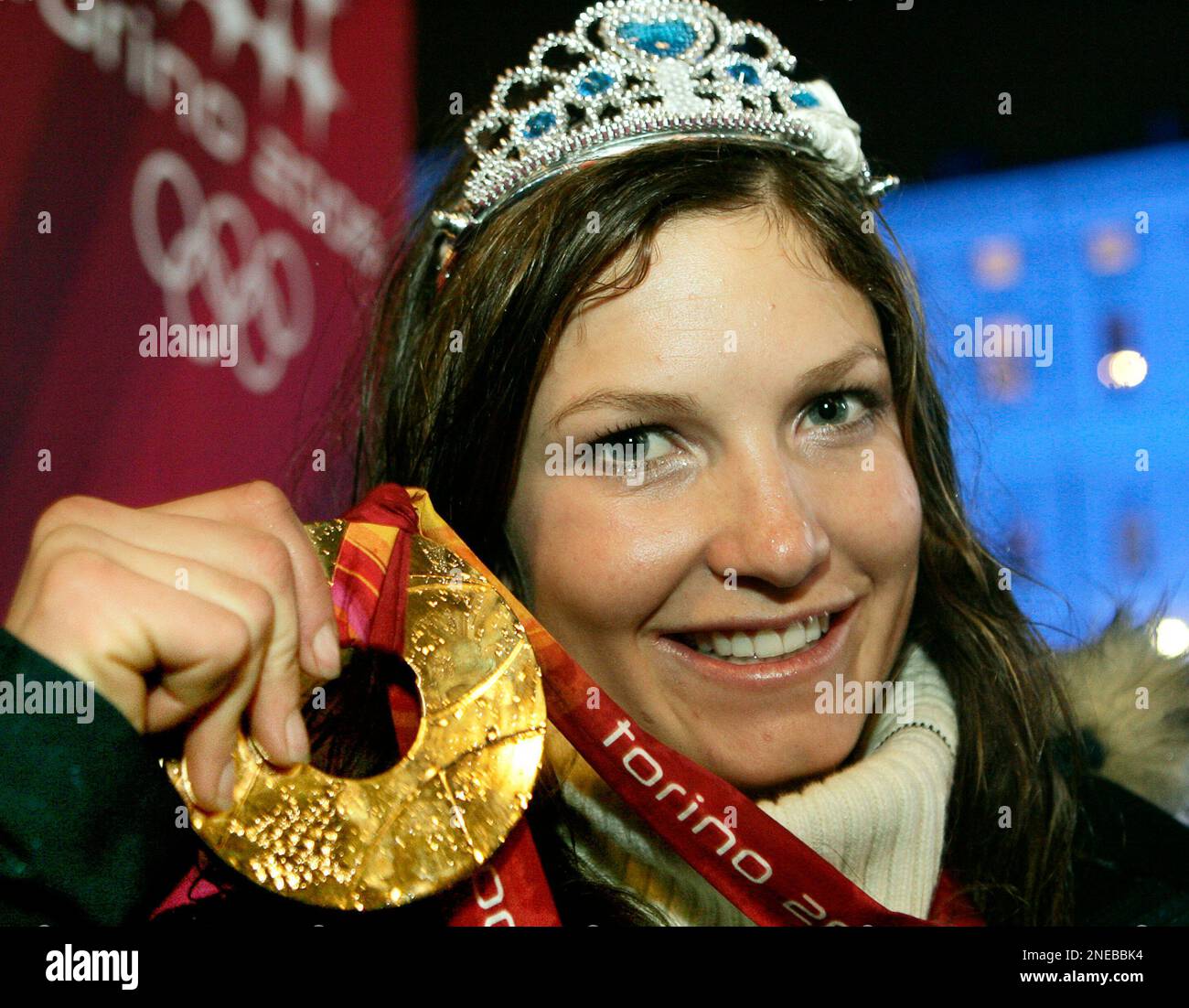 FILE-This Feb. 24, 2006 file photo shows Julia Mancuso wearing her tiara during the medal ...