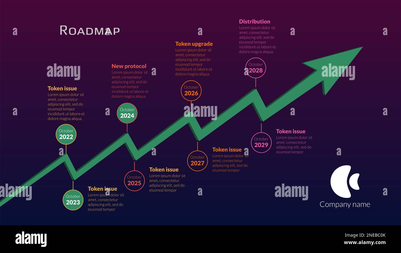 Roadmap with upward trend arrow and many colored stages on dark purple ...