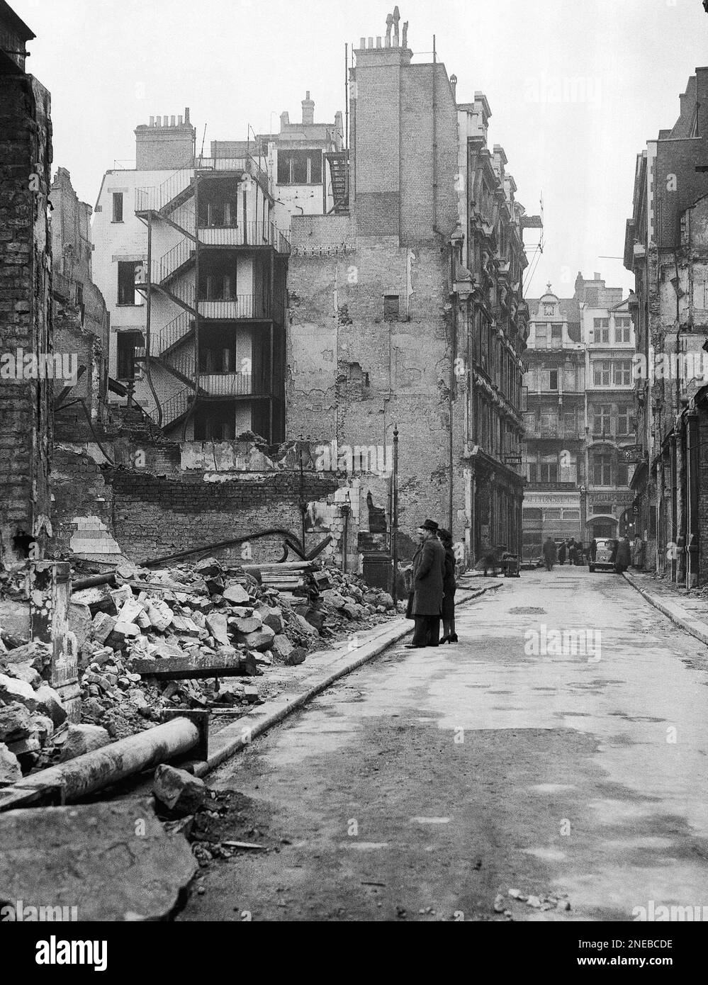 A view of battered Friday Street, Cheapside in London, April 6, 1941 ...