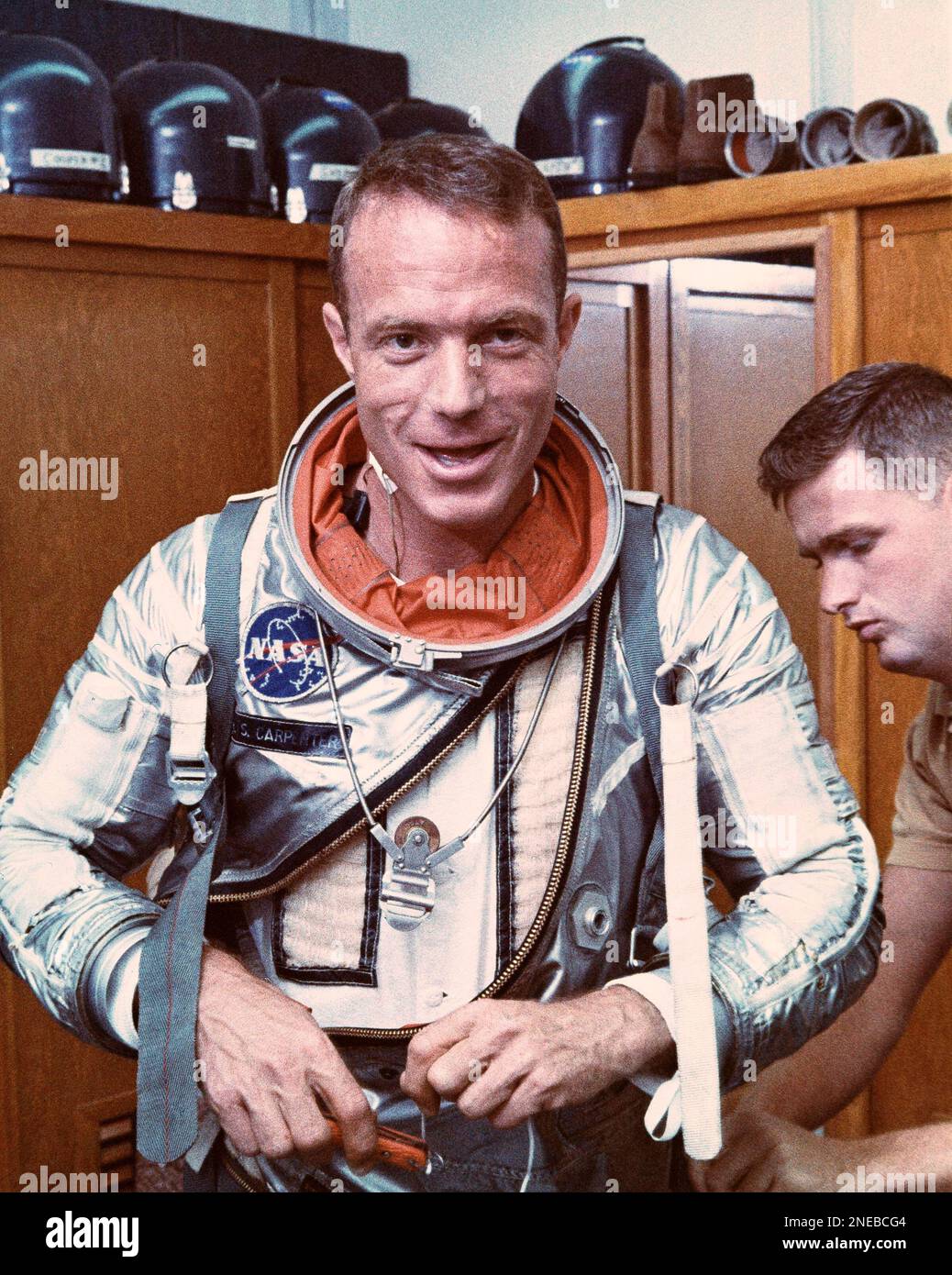 Scott M. Carpenter, in space suit about to enter Aurora 7 space capsule ...