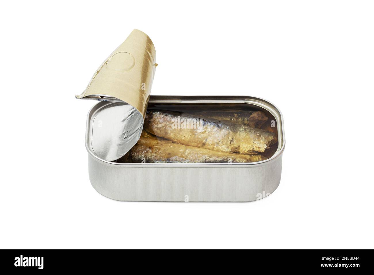 Opened sardine preserve fish can isolated on a white background. With ...