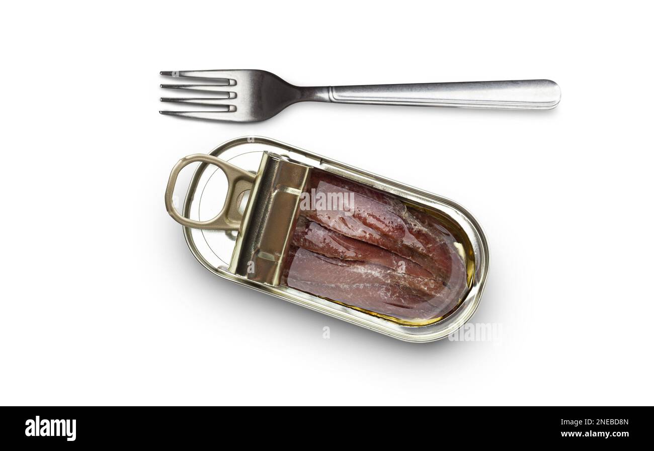 Opened tin can of anchovy fillet in oil and silver fork isolated on a ...