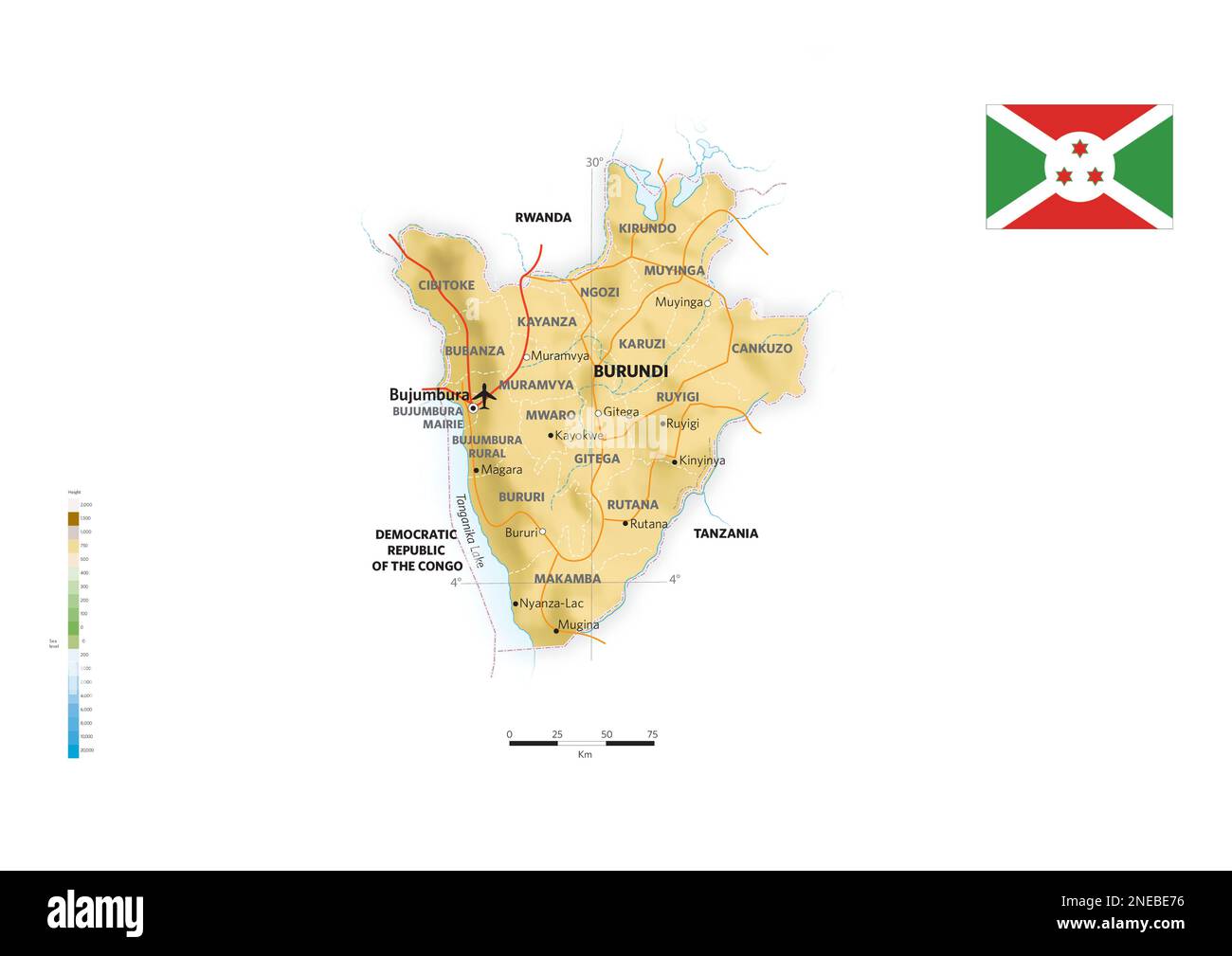 Physical and political map of Burundi. [Adobe Illustrator (.ai); 3507x2480] Stock Photo - Alamy
