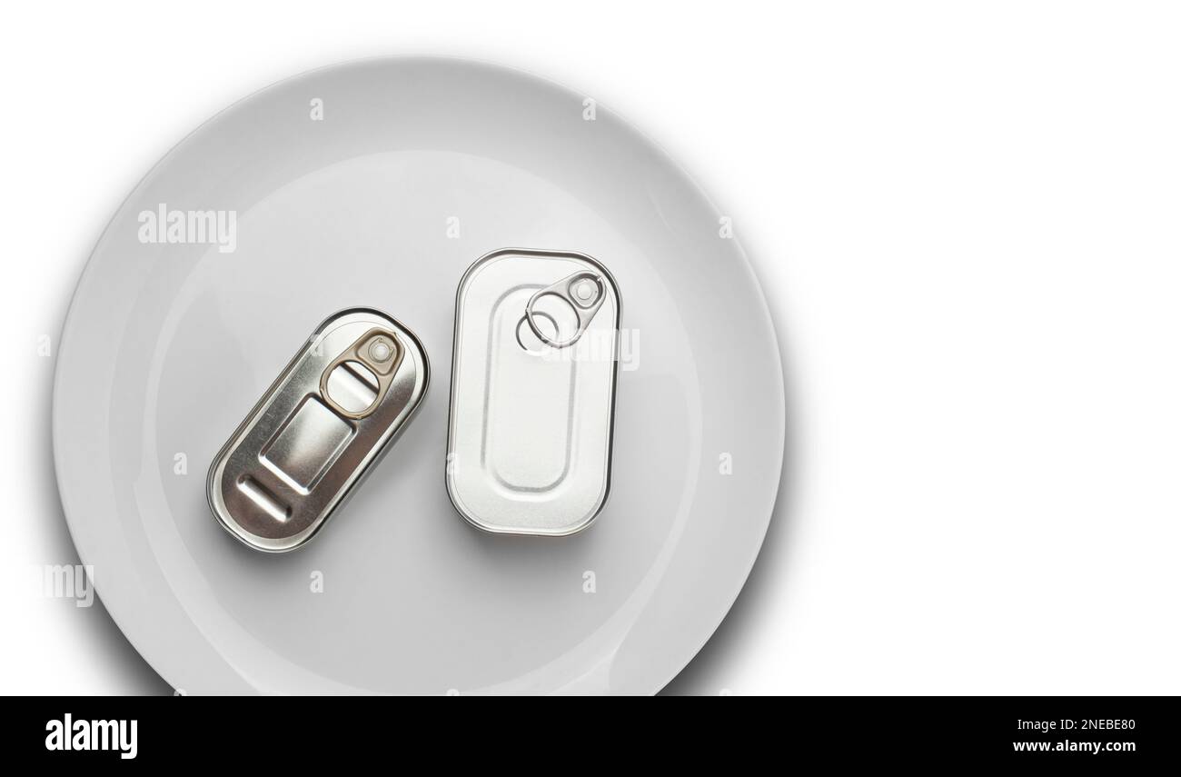 Canned fish in different sealed tin cans with easy openable lids on a ...