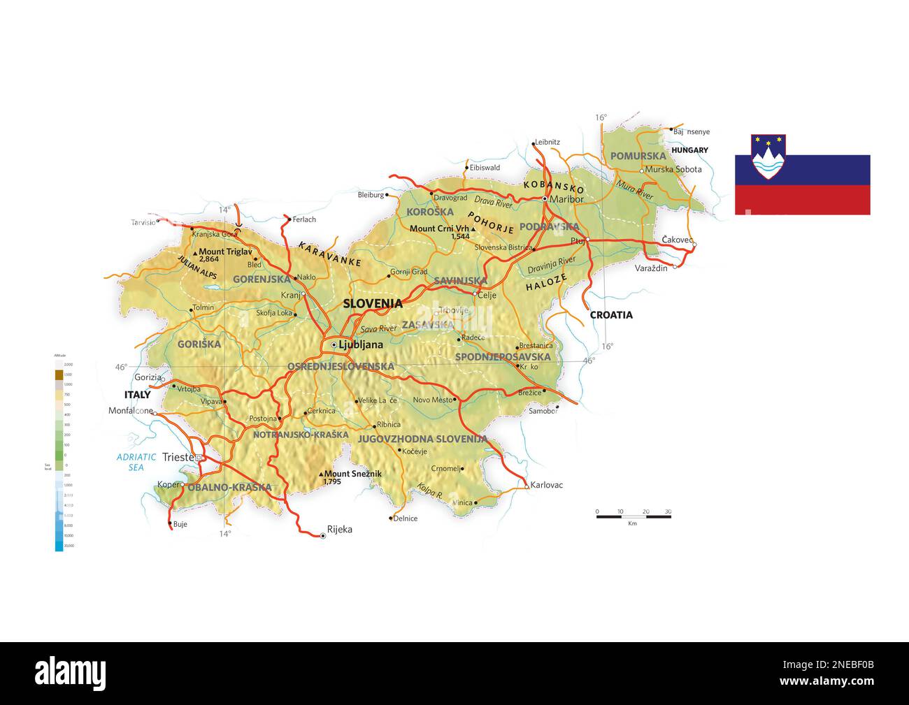 Physical and political map of Slovenia. [Adobe Illustrator (.ai); 3507x2480] Stock Photo - Alamy