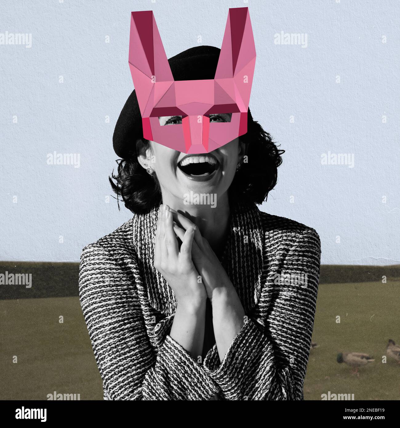 Creative artwork of excited happy woman with 3D origami mask on her ...