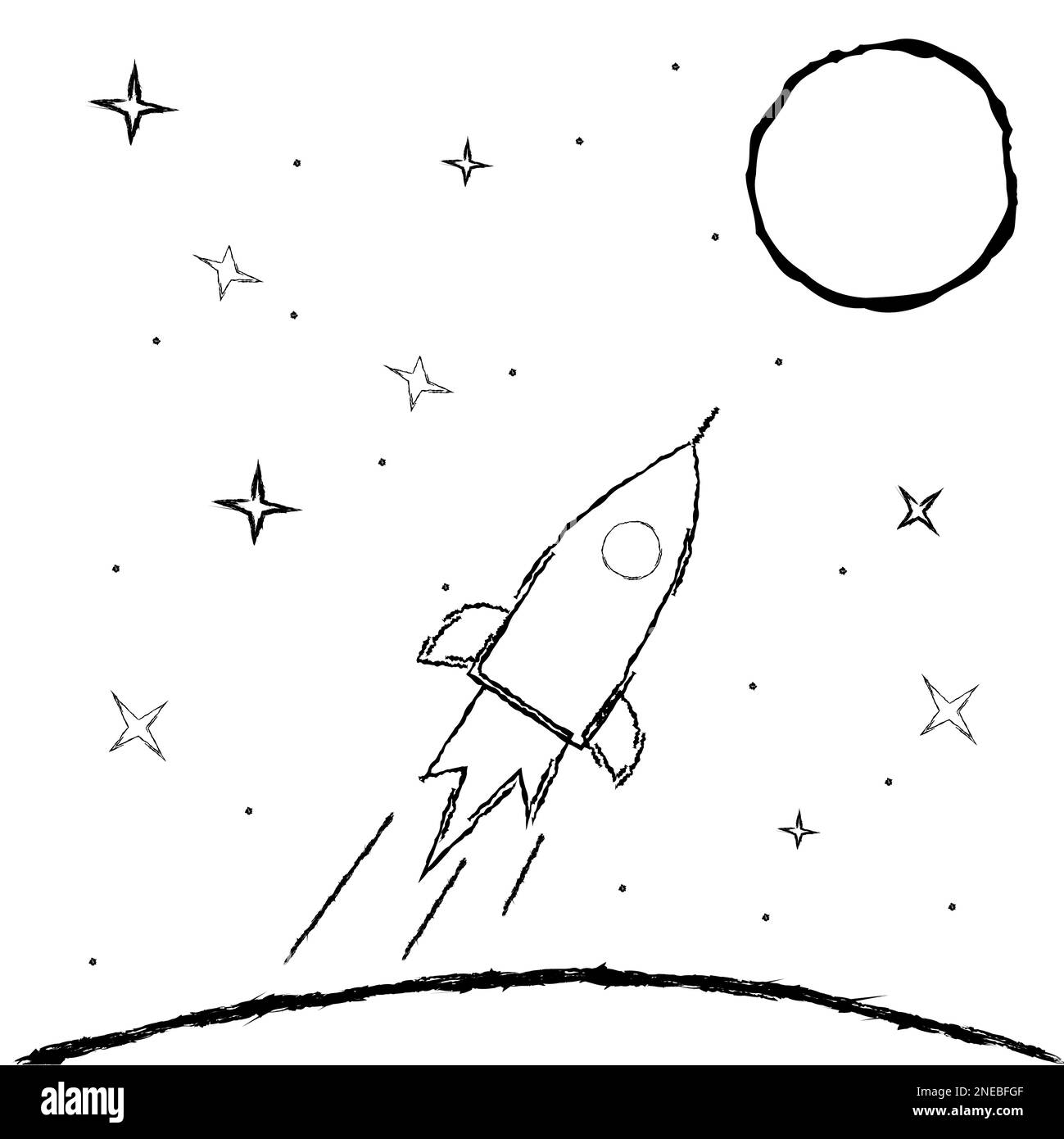 Outline space rocket from the earth flies to the moon among the stars ...
