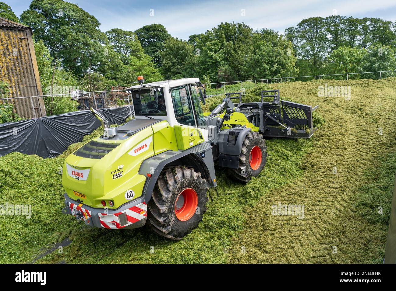 Working on a silage clamp with a Claas laoder using a big loader grab ...