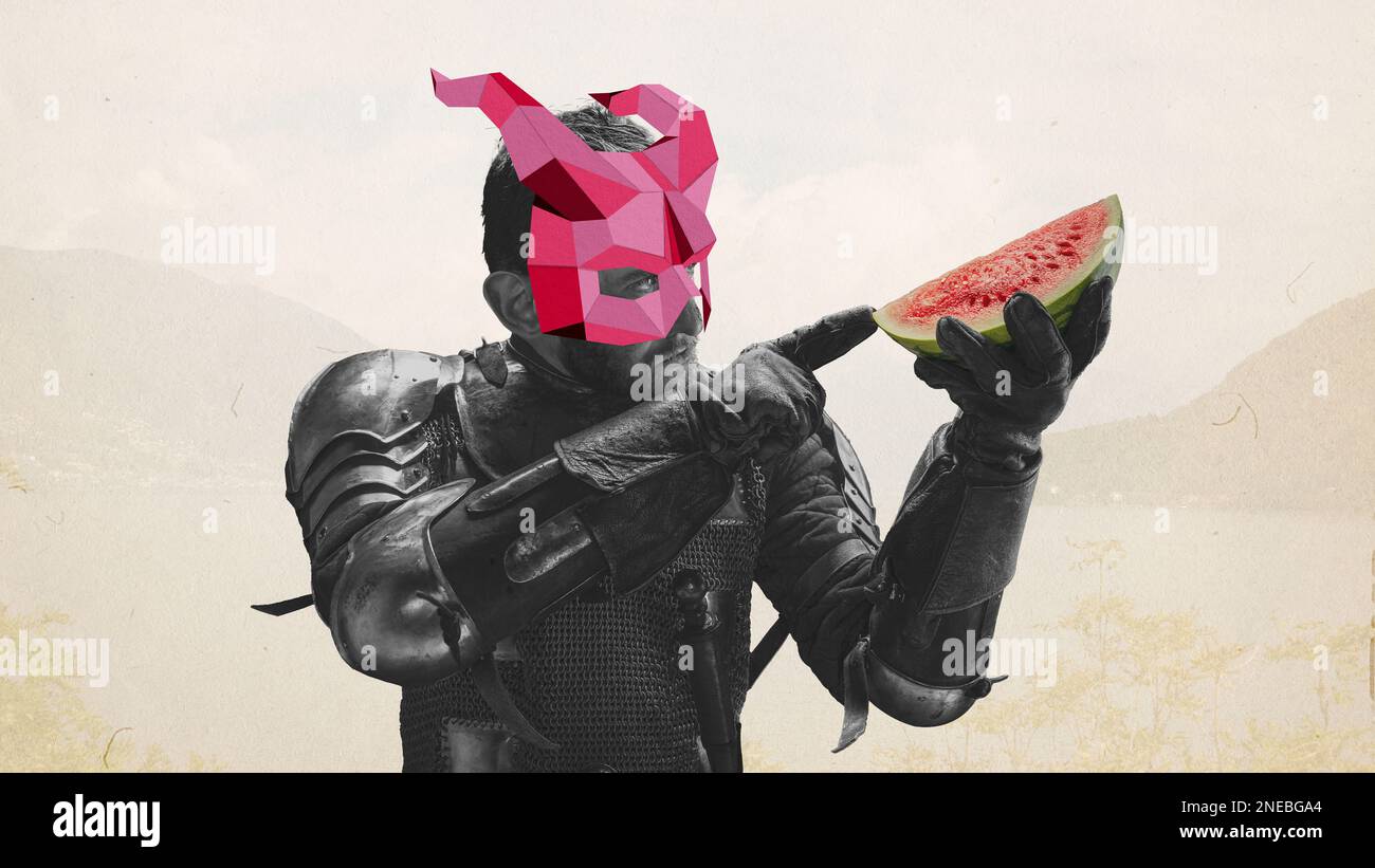 Creative artwork of medieval knight with 3D origami mask on his face ...