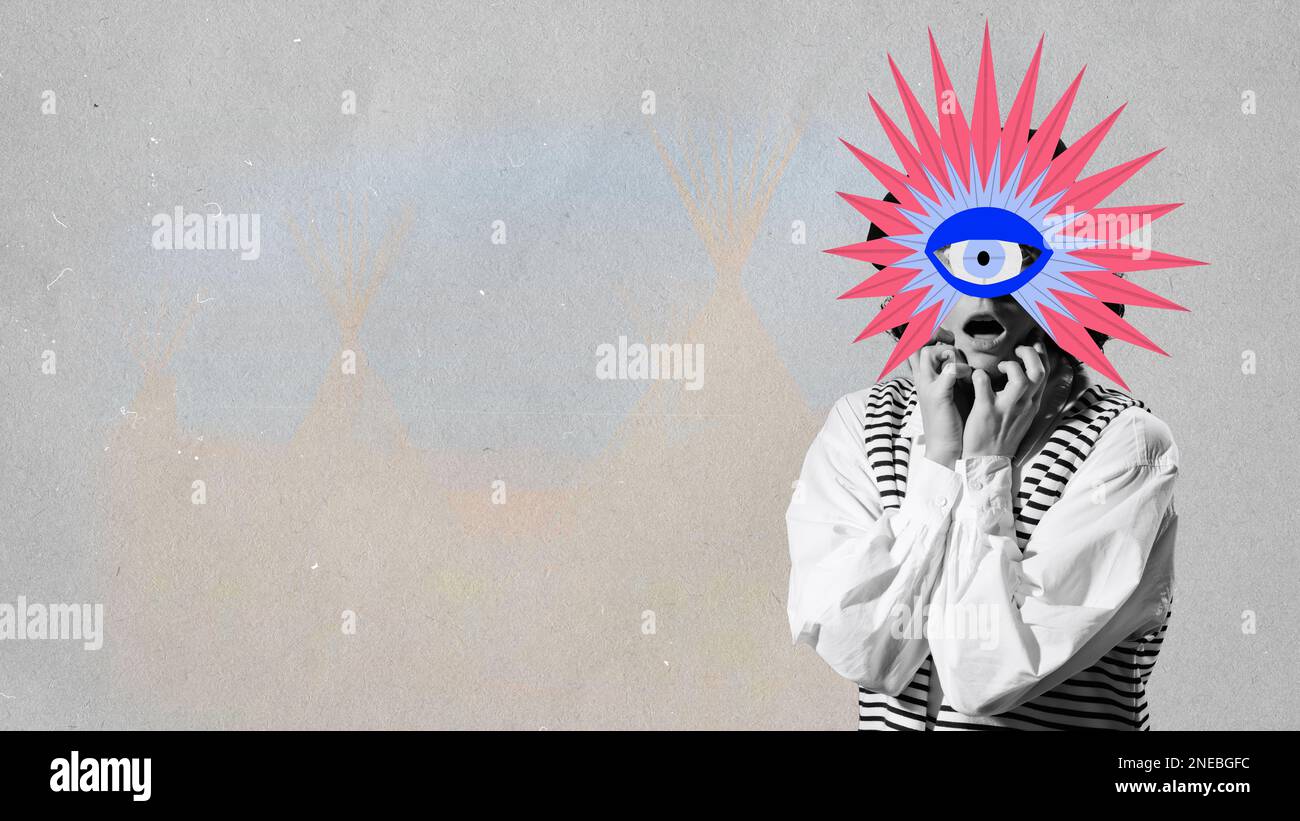 Creative artwork of screaming woman with 3D origami mask on her head ...