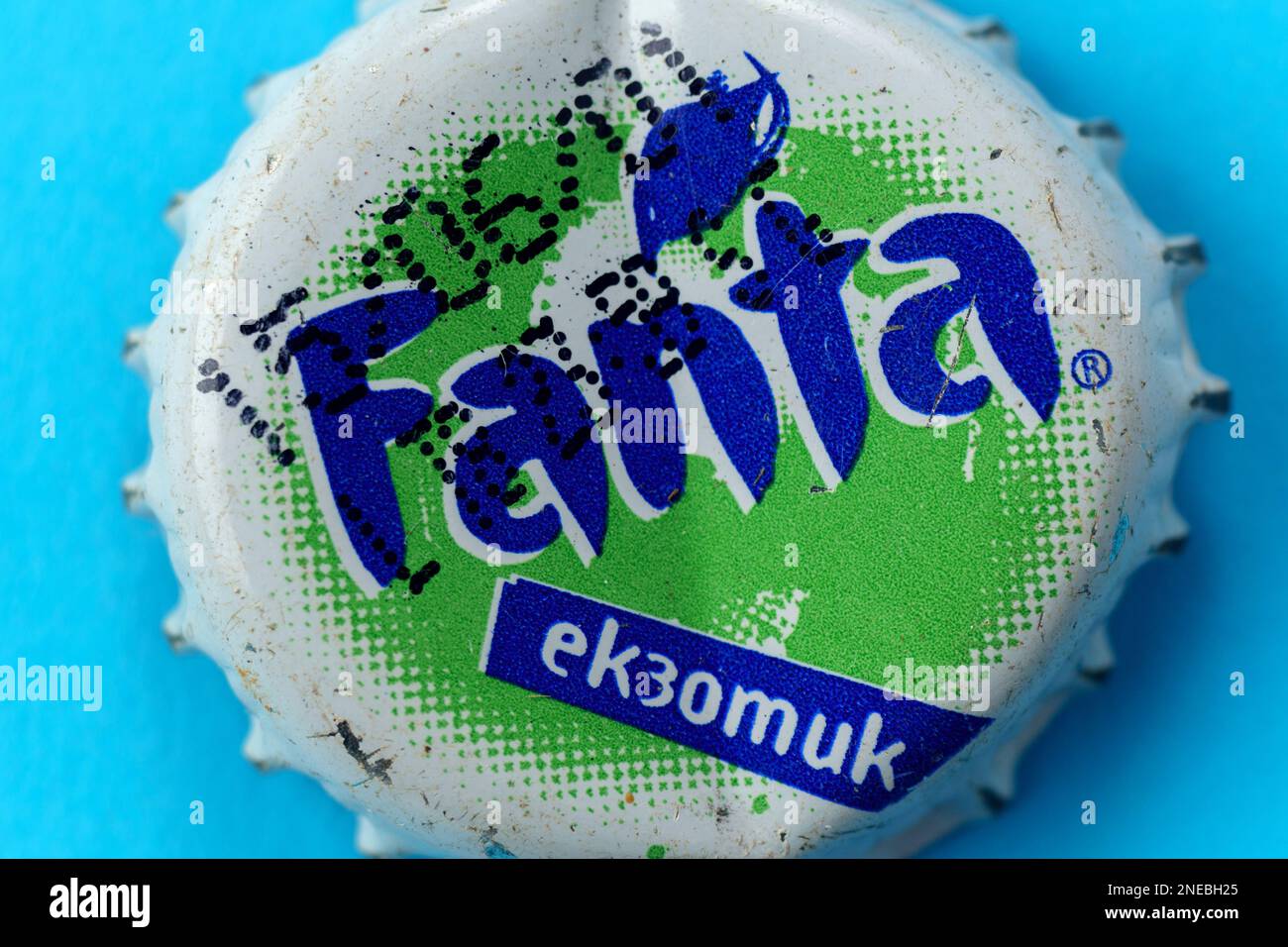 Tyumen, Russia-February 15, 2023: Fanta logo is an old bottle cap ...