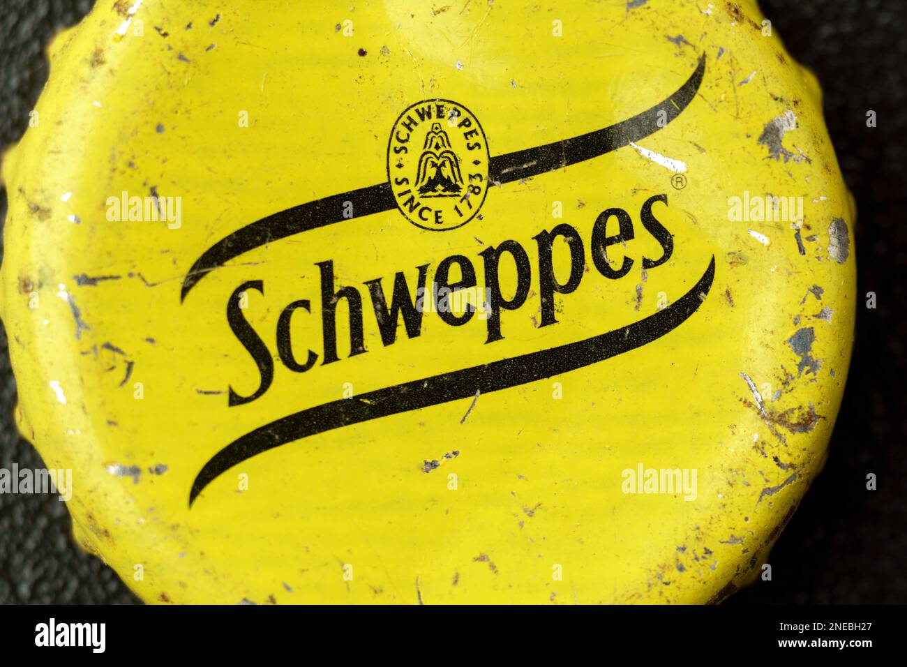 Tyumen, Russia-February 15, 2023: Old schweppes lid. Schweppes is a ...