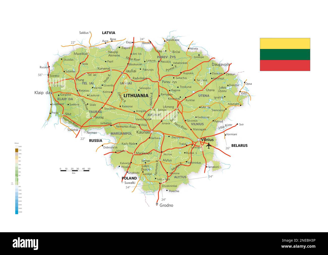 Physical and political map of Lithuania. [Adobe Illustrator (.ai); 3507x2480] Stock Photo - Alamy