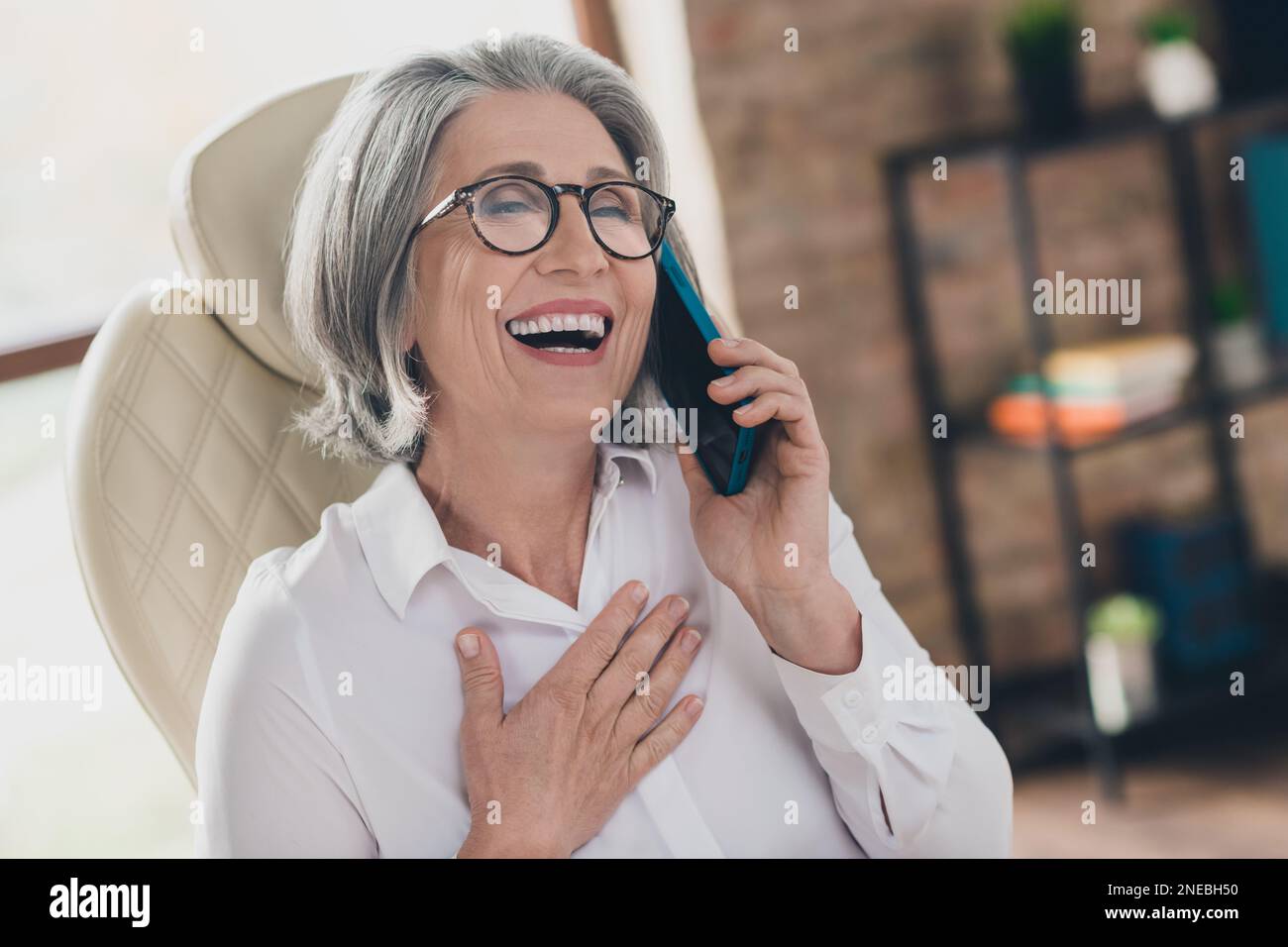 Photo of excited happy lady coach wear white shirt eyeglasses smiling ...
