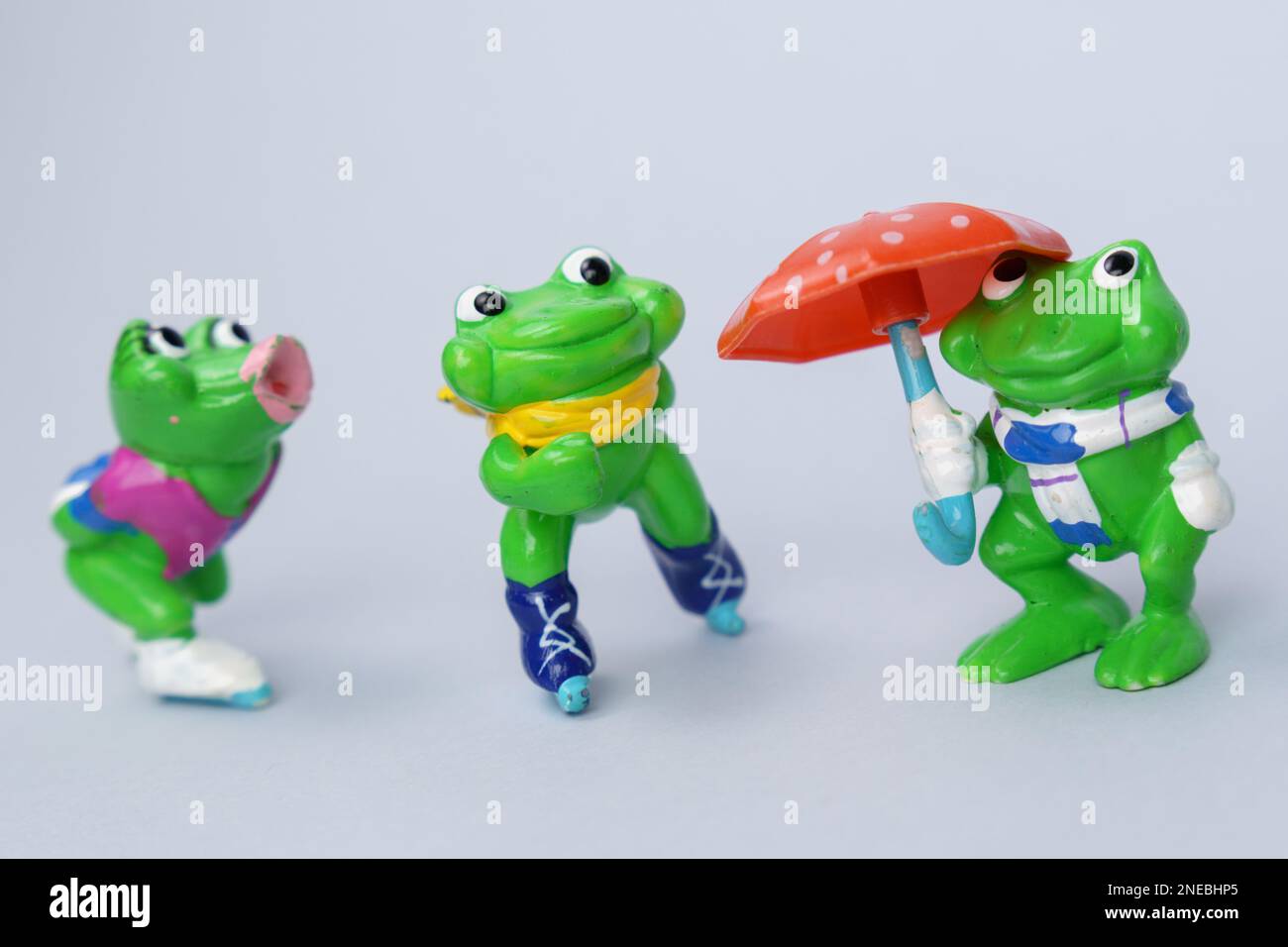 Tyumen, Russia-February 15, 2023: Kinder surprise toy frogs. Collection ...
