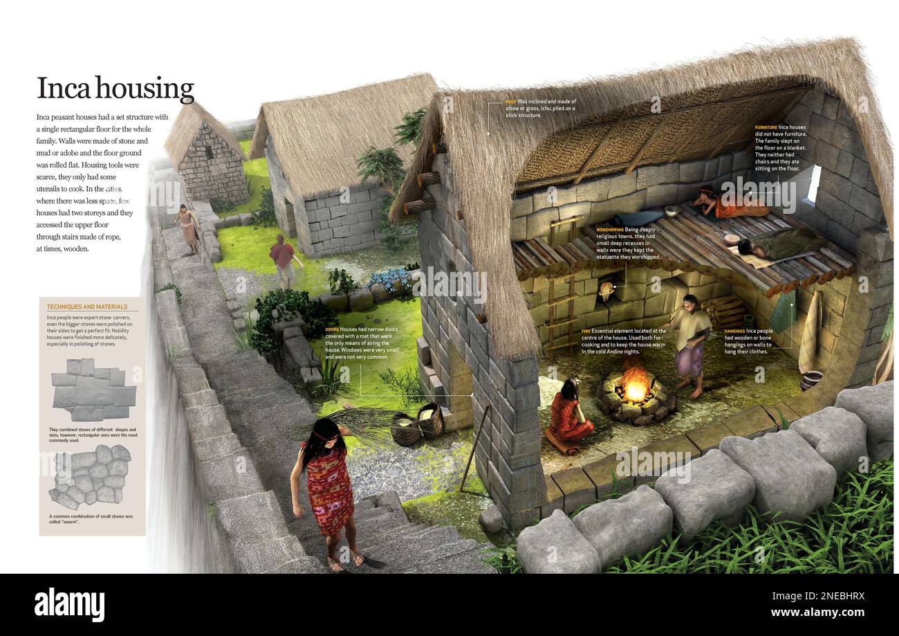 Infographics which describe parts of an Inca housing and techniques and ...