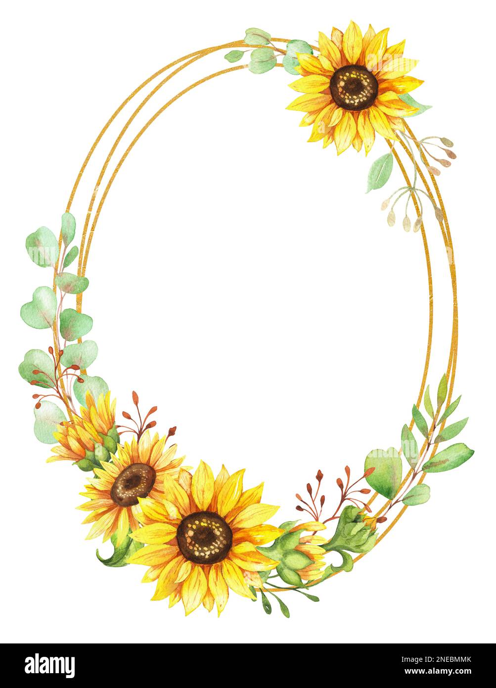 Sunflower wreath, golden round frame of yellow flowers, hand painted ...