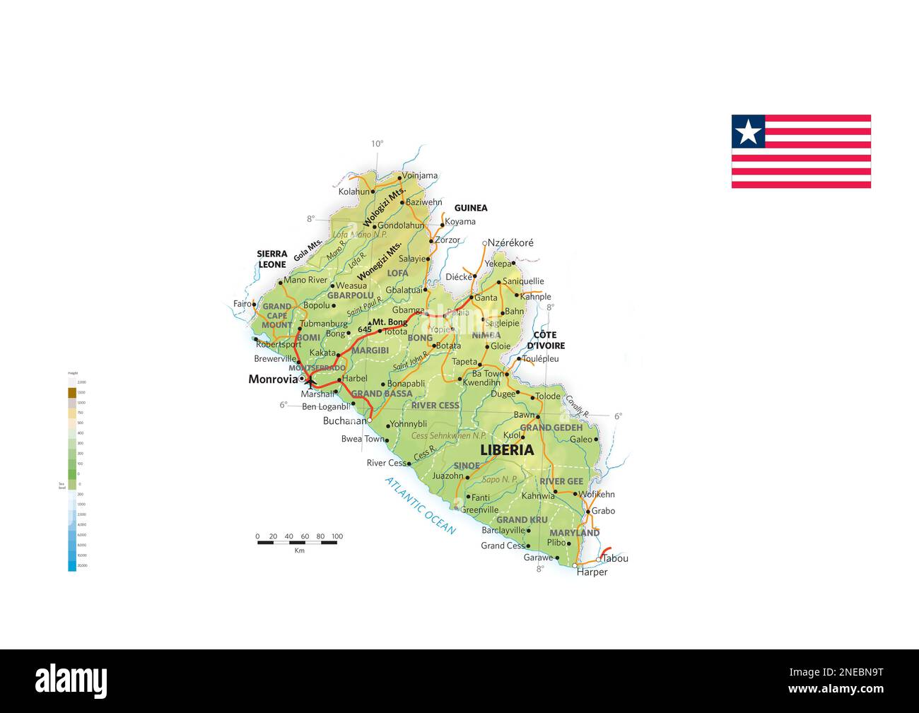 Physical and political map of Liberia. [Adobe Illustrator (.ai ...