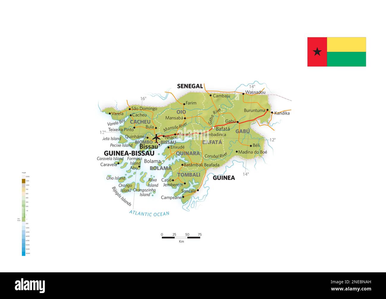 Physical and political map of Guinea-Bissau. [Adobe Illustrator (.ai ...