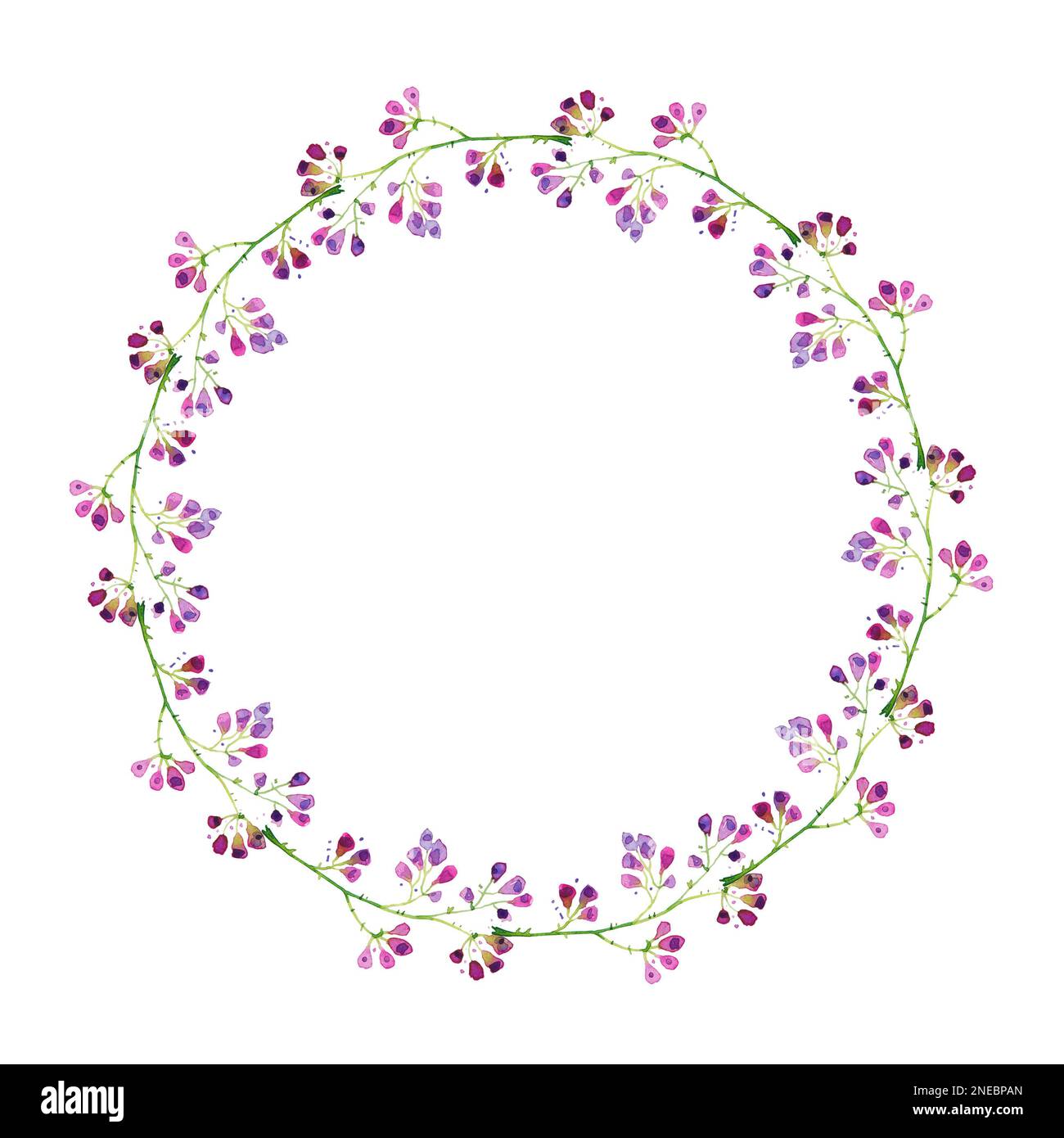 Delicate wreath of branches of pink flowers, watercolor illustration ...