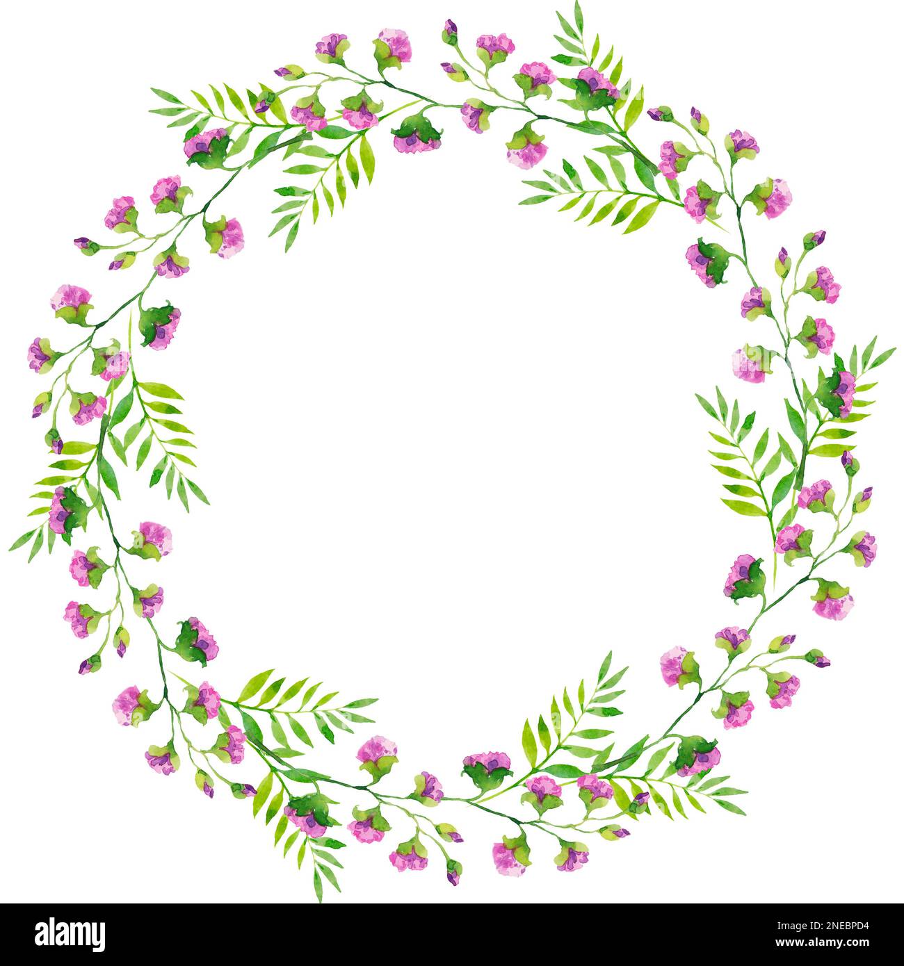 Bright delicate wreath of branches of violet flowers and green leaves ...