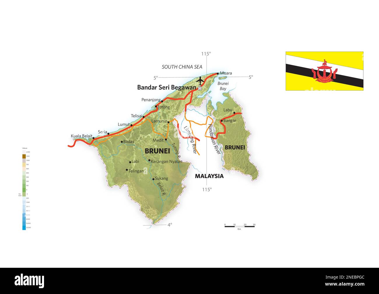 Physical and political map of Brunei. [Adobe Illustrator (.ai ...