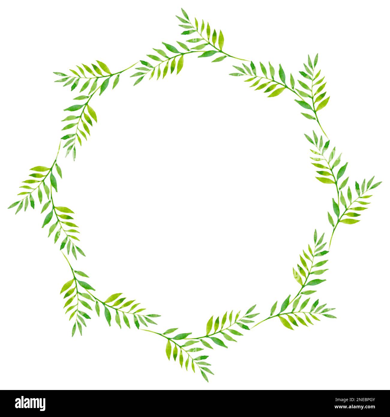 Tender wreath of grass and green leaves, watercolor illustration. Hand ...