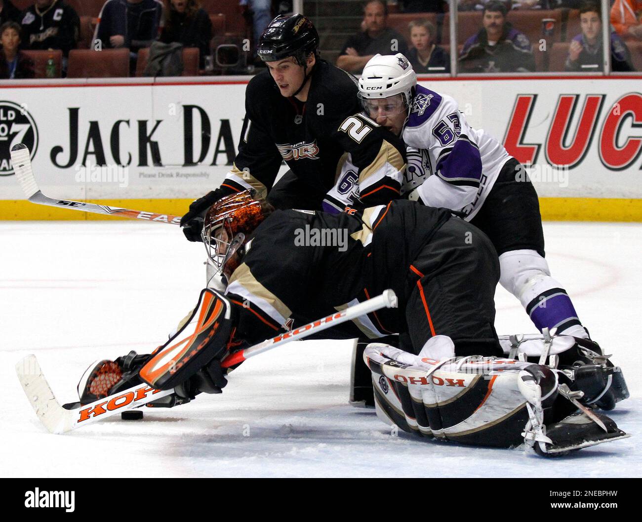 Anaheim Ducks goalie Jonas Hiller of Switzerland, stops the puck as ...
