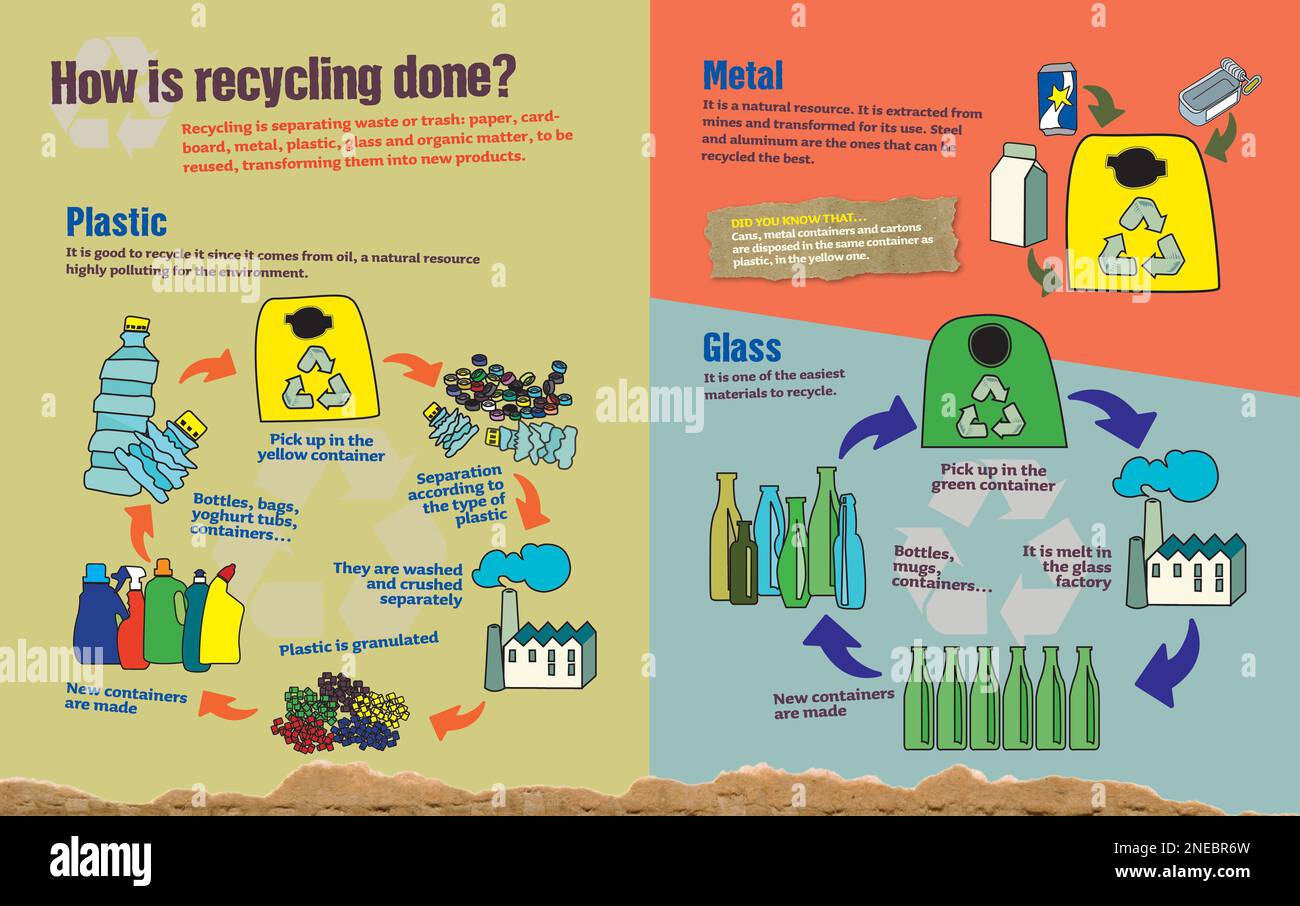Infographic about recycling of plastic, metal and glass. [Adobe ...